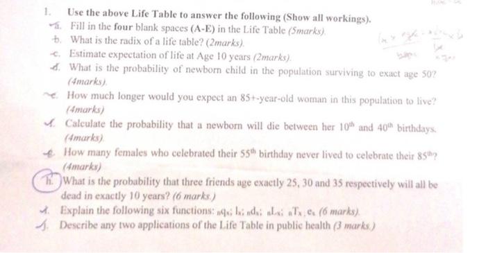 1. Use the above Life Table to answer the following | Chegg.com