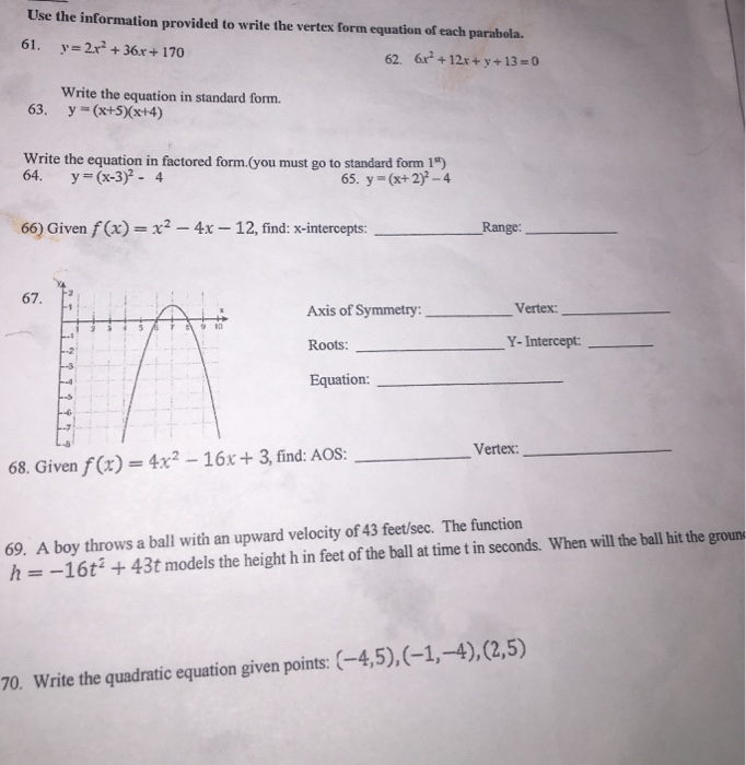 Solved Use The Information Provided To Write The Vertex Form Chegg