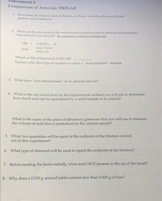 Solved Experiment 8 Comparison of Antacids: PRELAB 1. How | Chegg.com