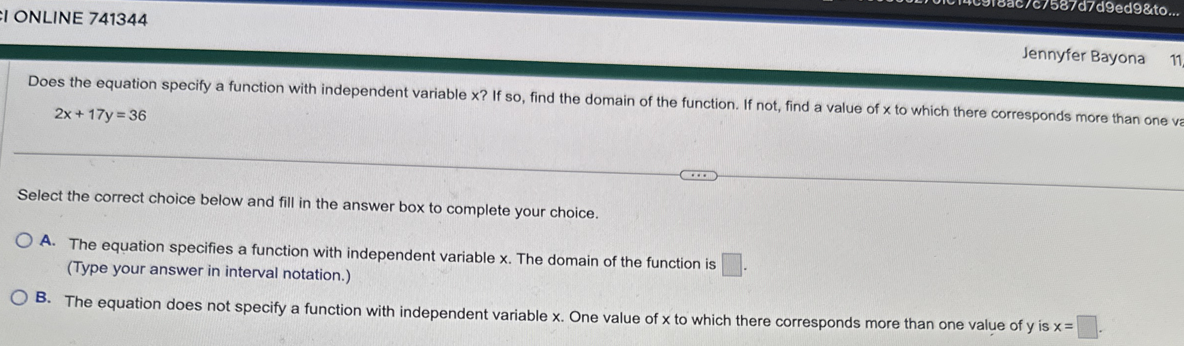 ONLINE 741344Jennyfer BayonaDoes the equation specify | Chegg.com