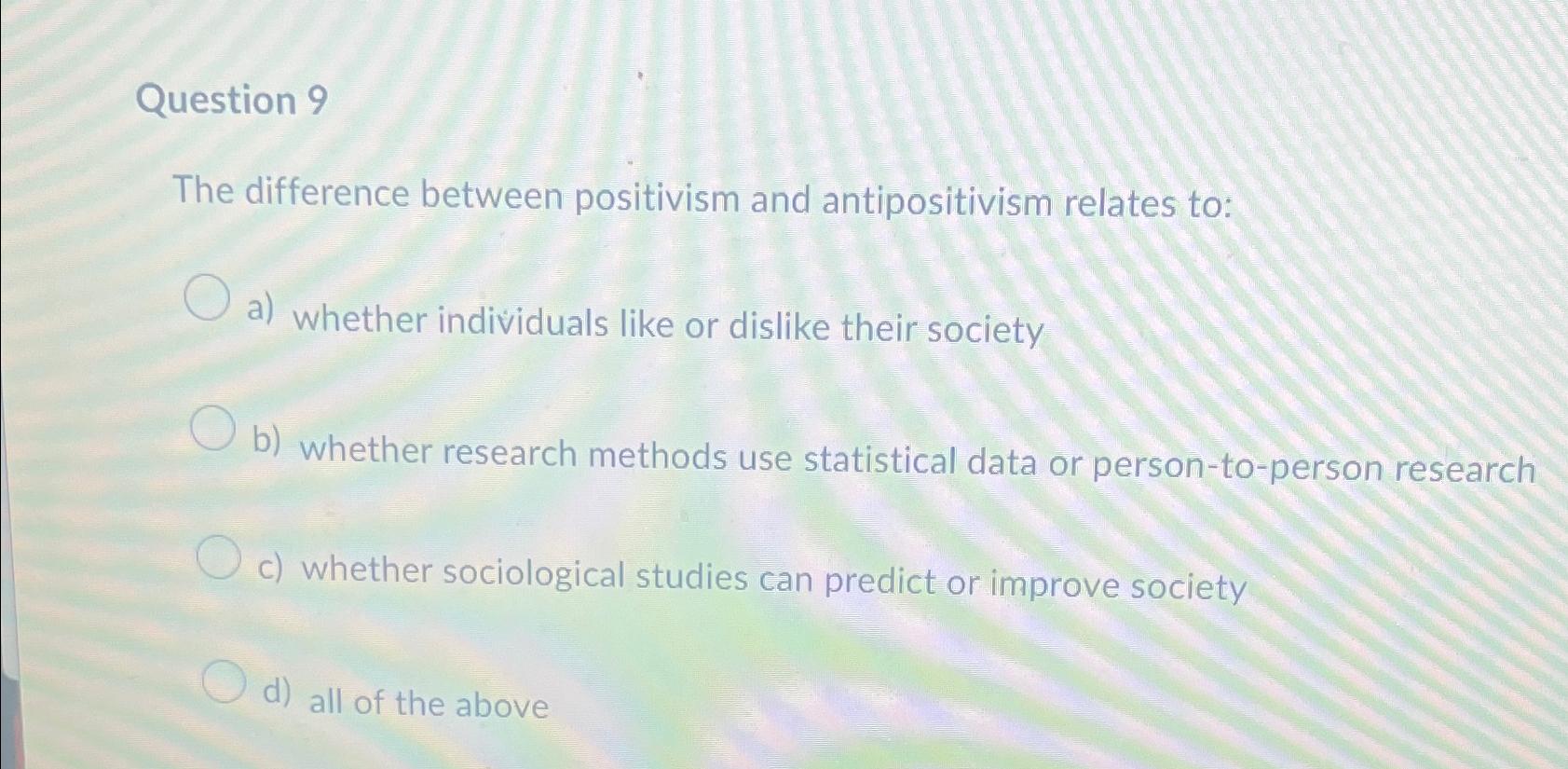 Solved Question 9The difference between positivism and | Chegg.com