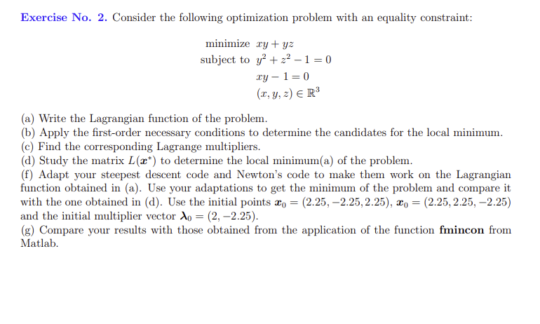 Solved Exercise No. 2. ﻿Consider the following optimization | Chegg.com