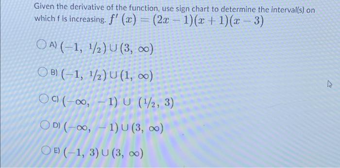 Solved Given the derivative of the function, use sign chart | Chegg.com