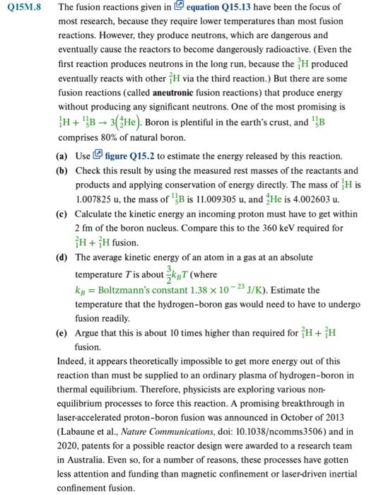 Solved The fusion reactions given in equation Q15.13 have | Chegg.com