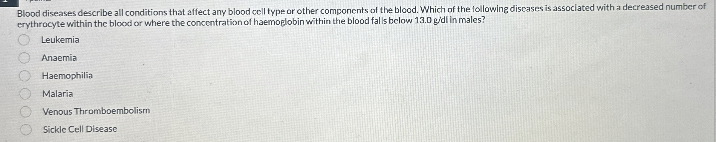 Solved Blood diseases describe all conditions that affect | Chegg.com
