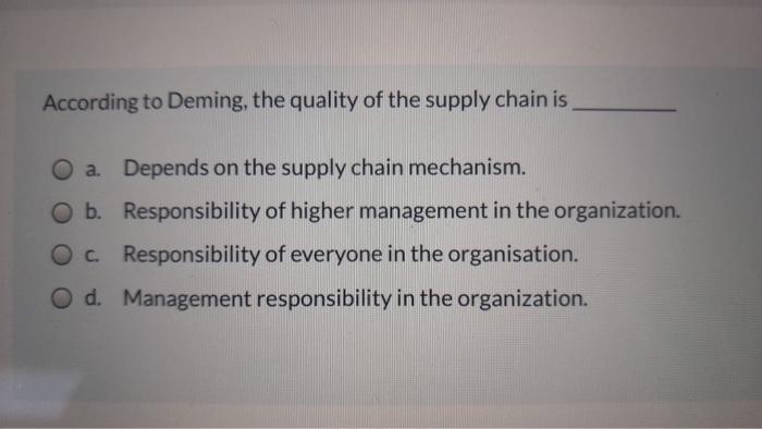 Solved According to Deming, the quality of the supply chain | Chegg.com