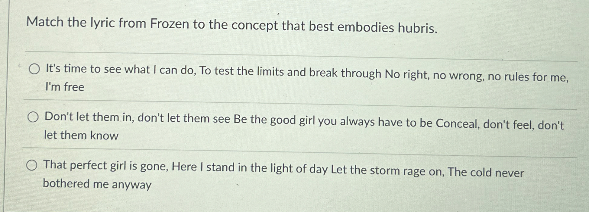 Solved Match the lyric from Frozen to the concept that best | Chegg.com