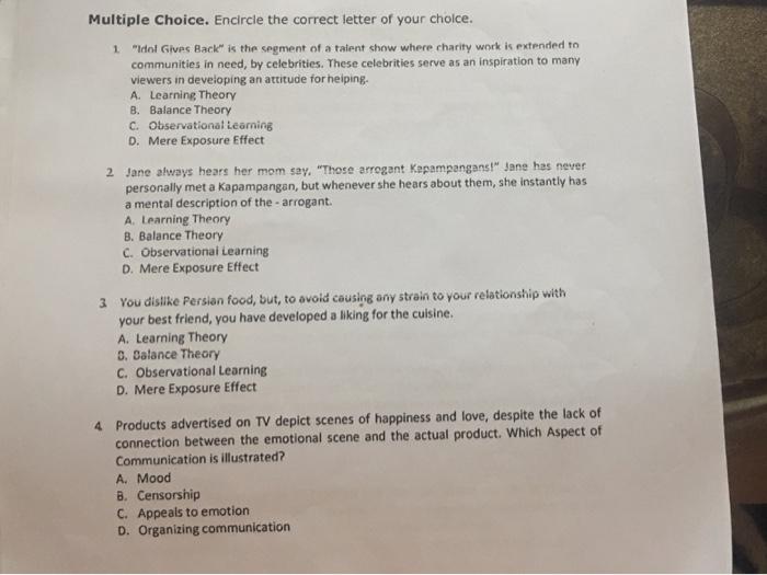 Solved Multiple Choice. Encircle the correct letter of your | Chegg.com