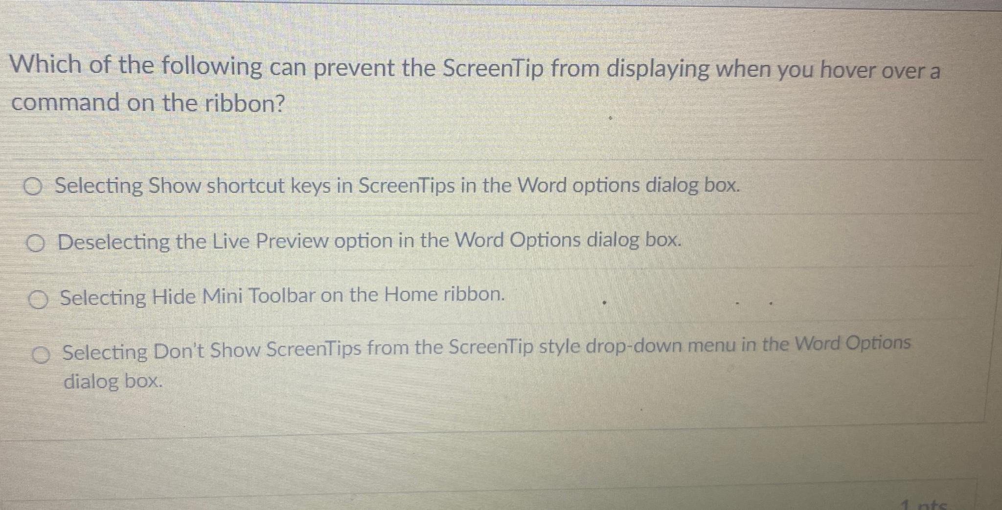 Solved Which of the following can prevent the ScreenTip from | Chegg.com