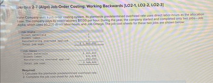 Solved Exercise 2-7 (Algo) Job-Order Costing; Working | Chegg.com
