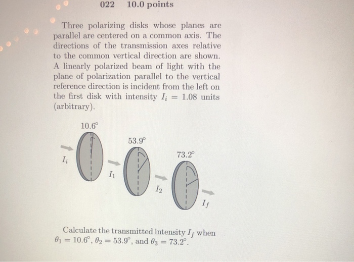 Solved 022 10.0 points Three polarizing disks whose planes | Chegg.com