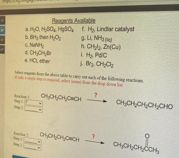 Solved https://evy po pl pe Reagents Available a. H20, | Chegg.com