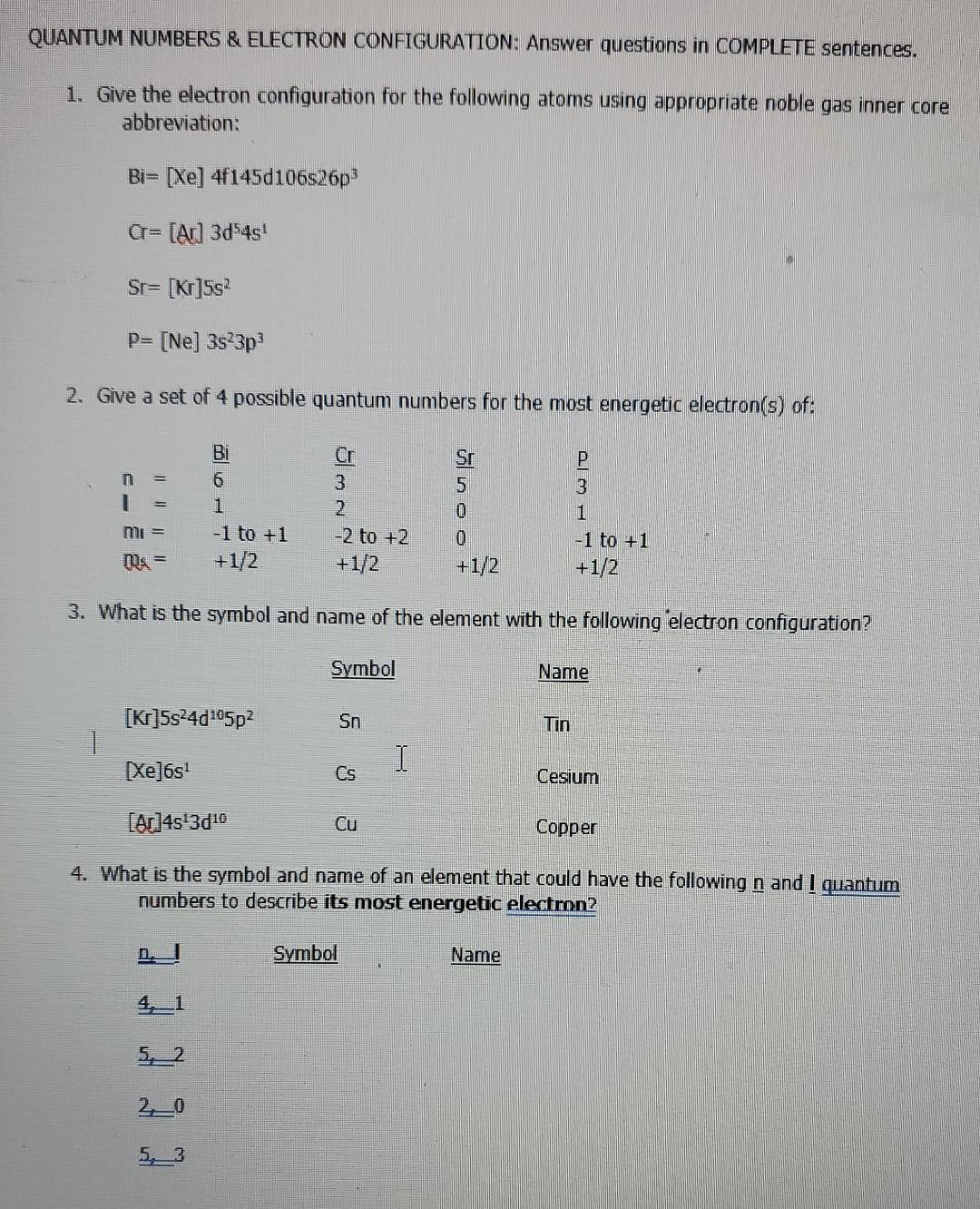 Solved QUANTUM NUMBERS & ELECTRON CONFIGURATION: Answer | Chegg.com