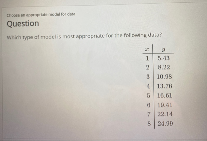 Solved Choose an appropriate model for data Question Which | Chegg.com Solved Choose an appropriate model for data Question Which | Chegg.com