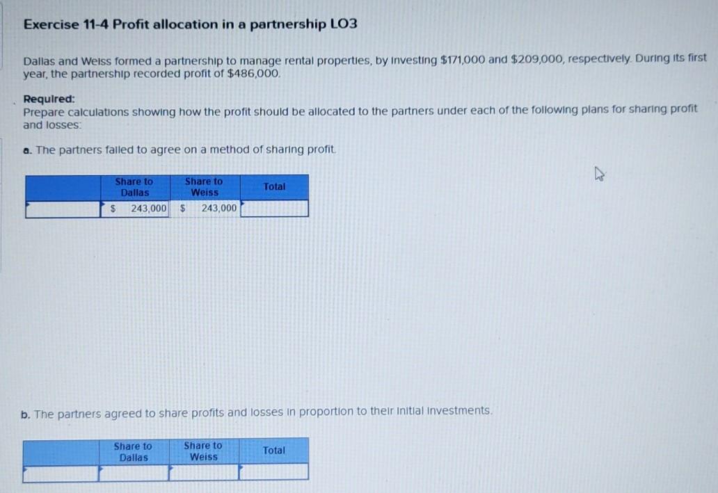 Solved Exercise 11-4 Profit allocation in a partnership LO3 | Chegg.com