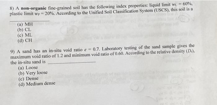 Solved 8) A non-organic fine-grained soil has the following | Chegg.com