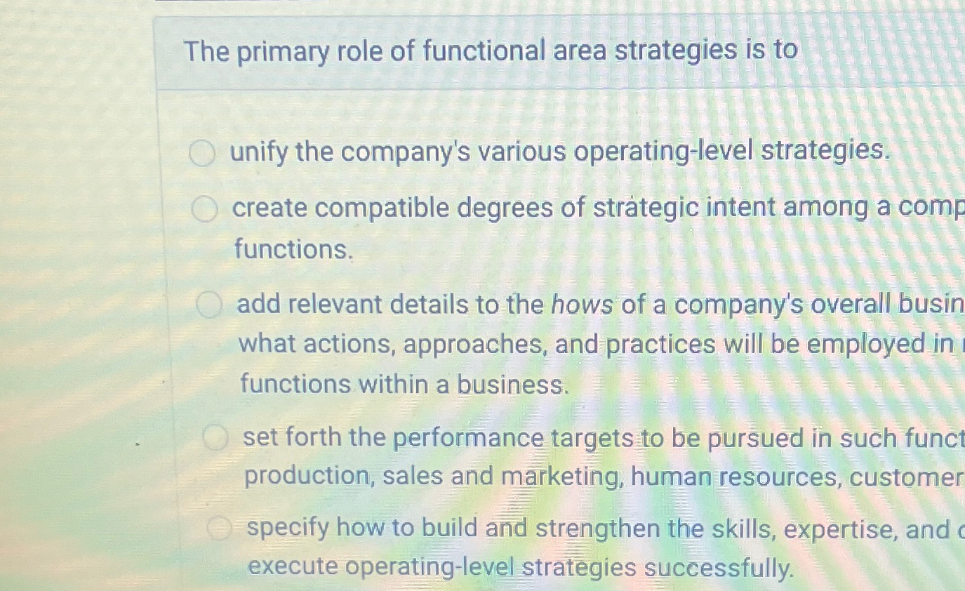 Solved The primary role of functional area strategies is | Chegg.com