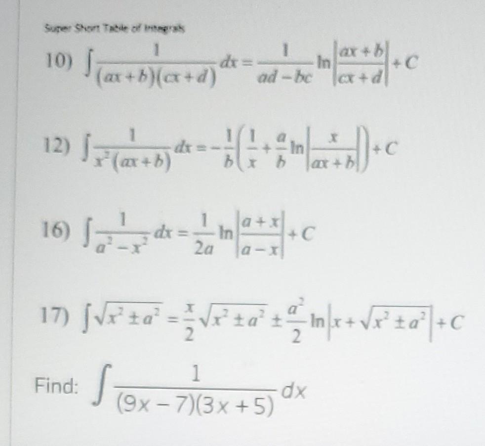 Solved Use the super short table of integrals to find the | Chegg.com