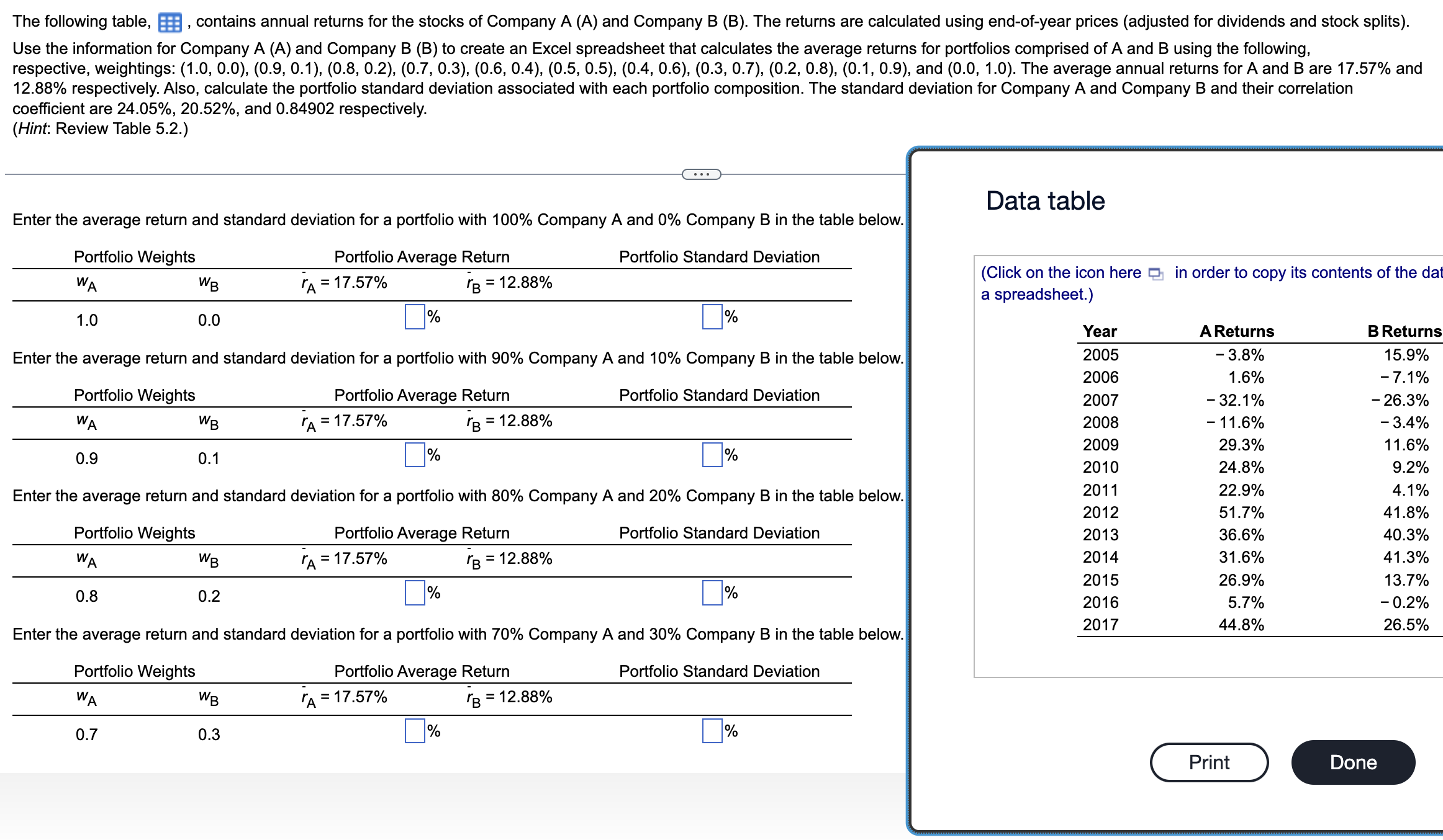 Solved The following table, 团 , ﻿contains annual returns for | Chegg.com