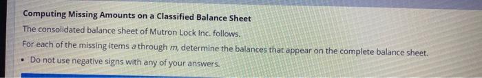 Solved Computing Missing Amounts on a Classified Balance | Chegg.com