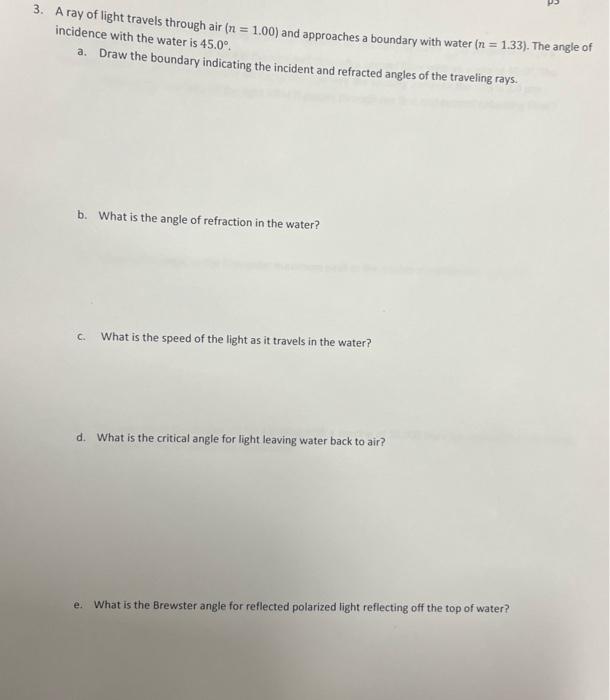 Solved 3. A ray of light travels through air (n=1.00) and | Chegg.com
