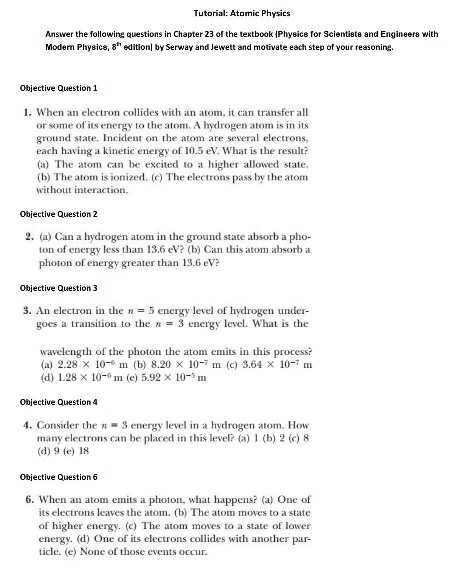 Solved Tutorial: Atomic Physics Answer the following | Chegg.com