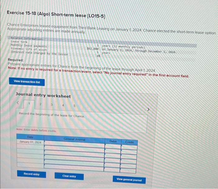 Solved Exercise 15-18 (Algo) Short-term lease [LO15-5] | Chegg.com