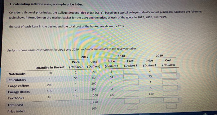 Solved 1. Calculating inflation using a simple price index | Chegg.com