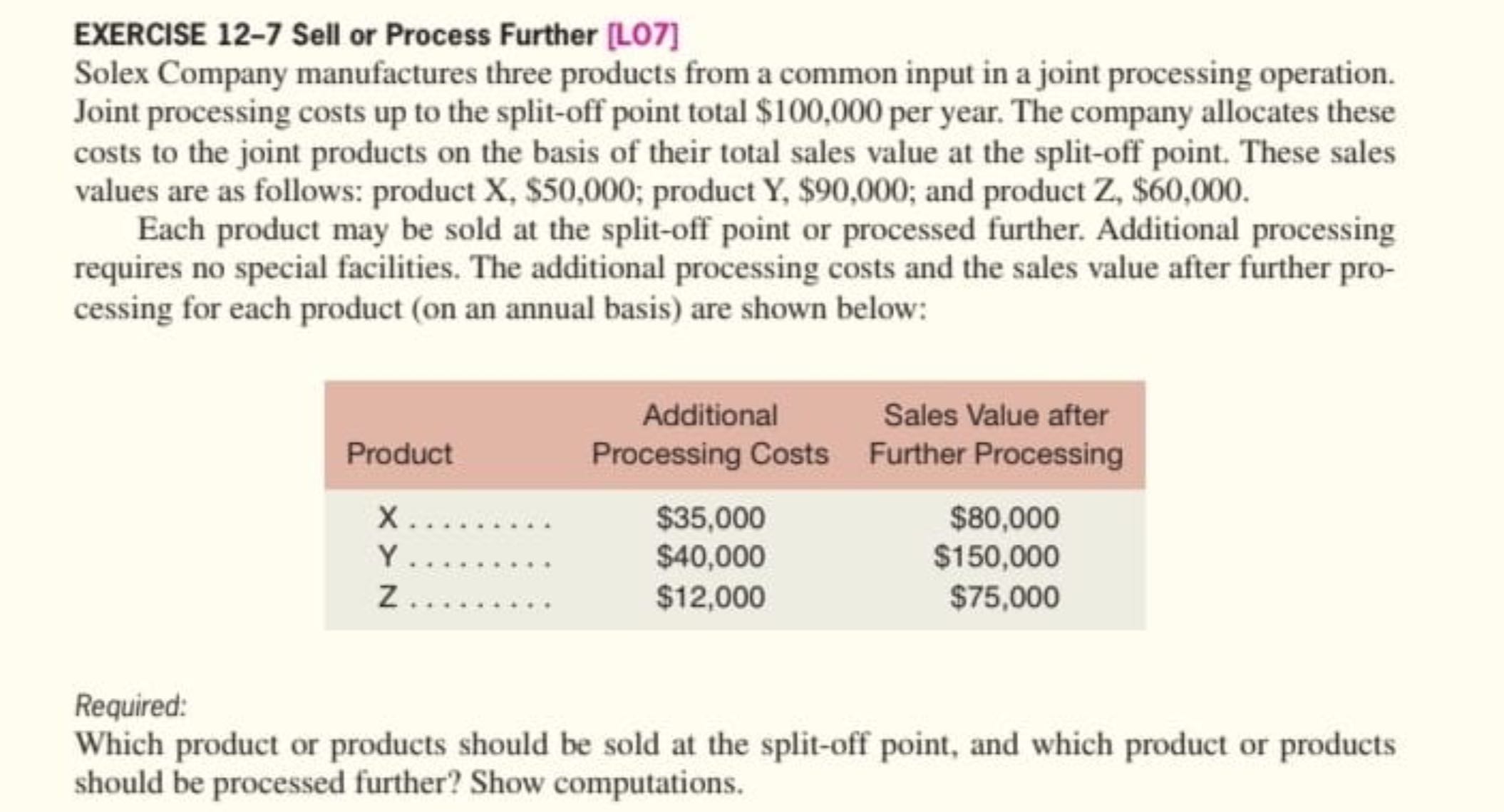 Solved EXERCISE 12-7 ﻿Sell or Process Further [L07]Solex | Chegg.com