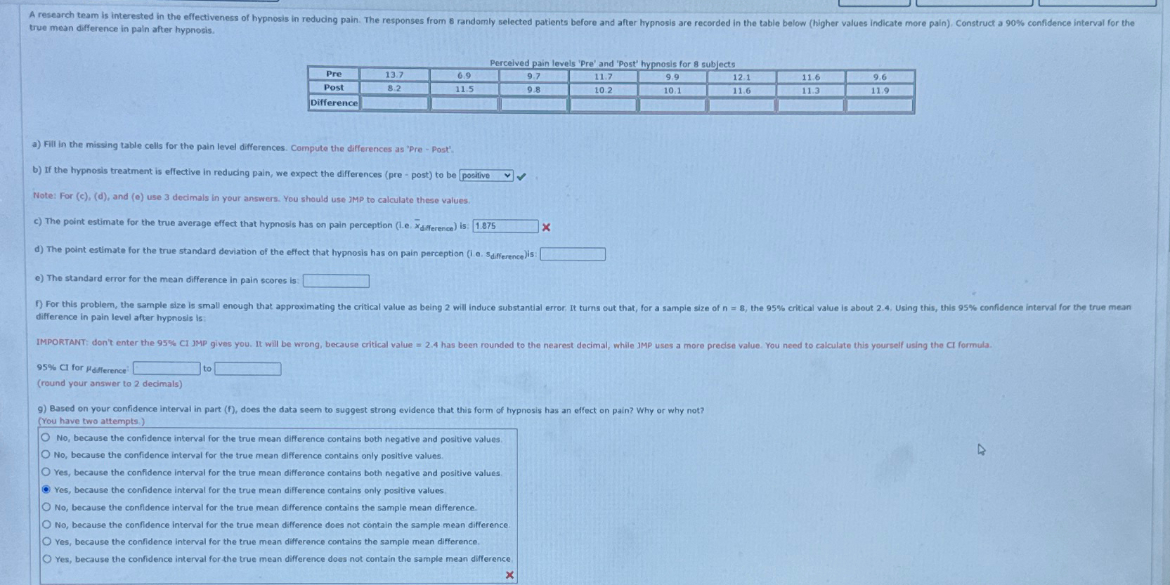 Solved true mean difference in pain after | Chegg.com