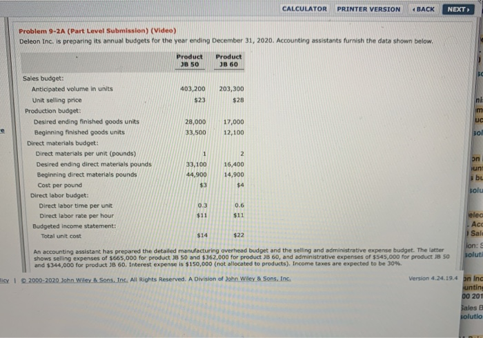 Solved CALCULATOR PRINTER VERSION « BACK NEXT Problem 9-2A | Chegg.com