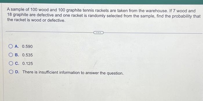 Solved A sample of 100 wood and 100 graphite tennis rackets | Chegg.com