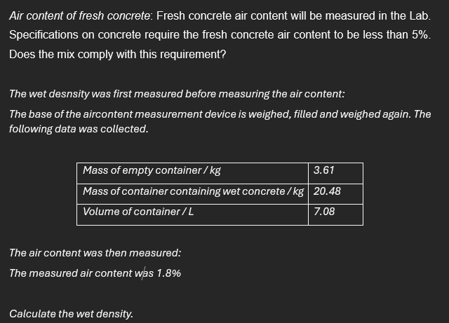 Solved Air content of fresh concrete: Fresh concrete air | Chegg.com