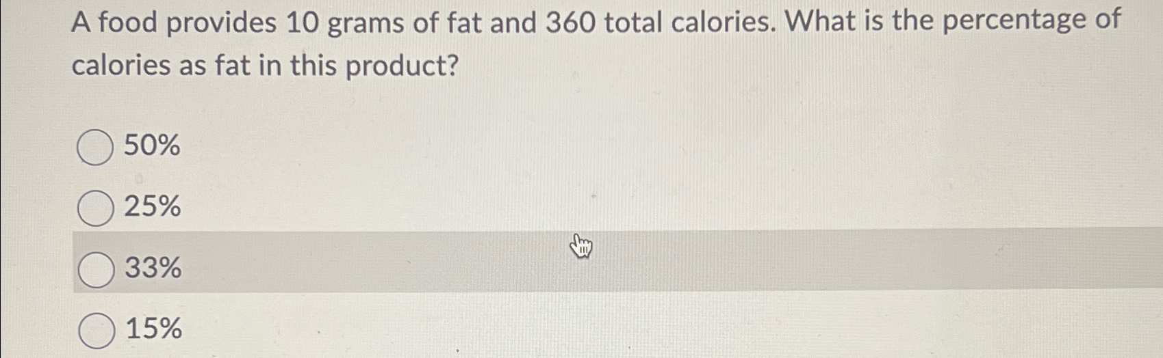 Solved A food provides 10 ﻿grams of fat and 360 ﻿total | Chegg.com