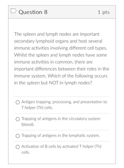Question 8 1pts The spleen and lymph nodes are | Chegg.com