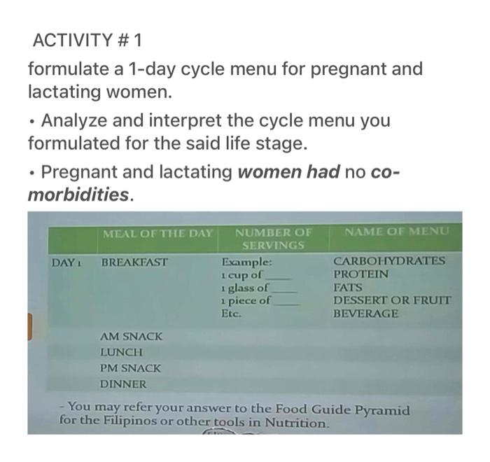 Solved ACTIVITY # 1 formulate a 1-day cycle menu for | Chegg.com