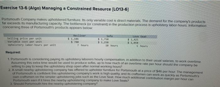 Solved Exercise 13-6 (Algo) Managing a Constrained Resource | Chegg.com