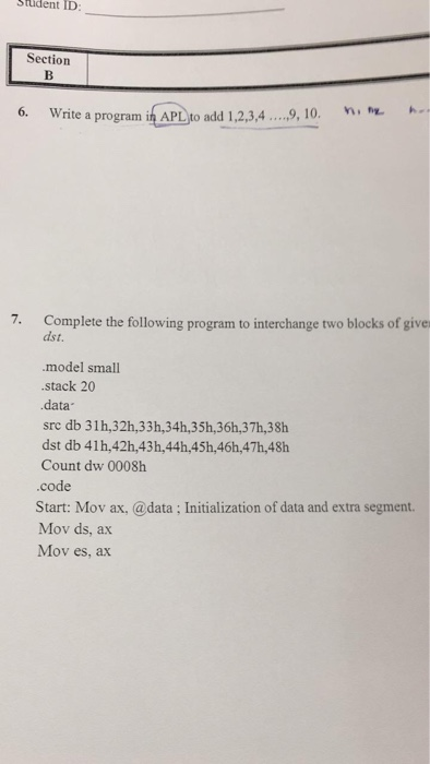 Student ID: Section 6. Write a program in APL to add | Chegg.com