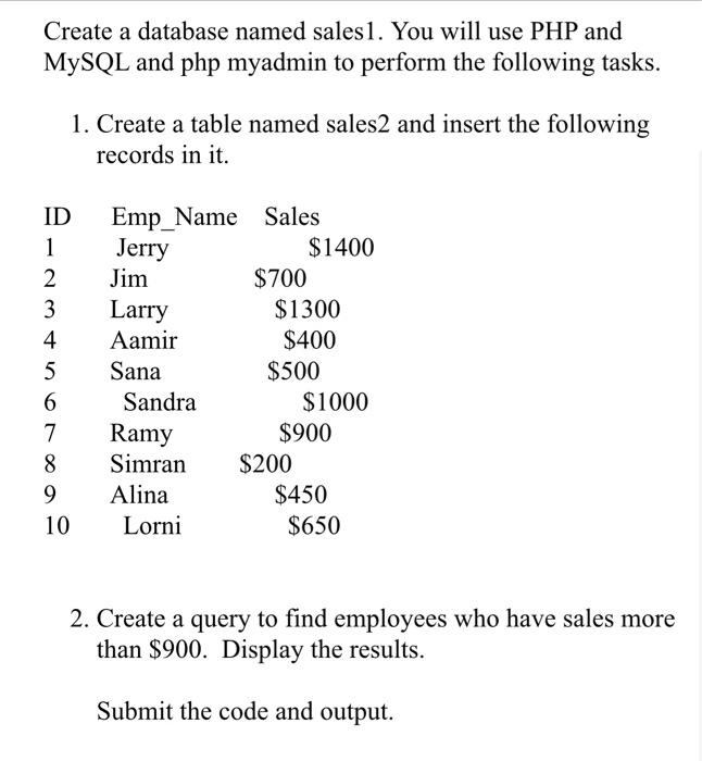 Solved Create A Database Named Sales 1 You Will Use Php And