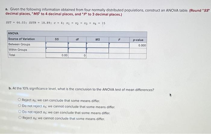 Solved a. Given the following information obtained from four | Chegg.com