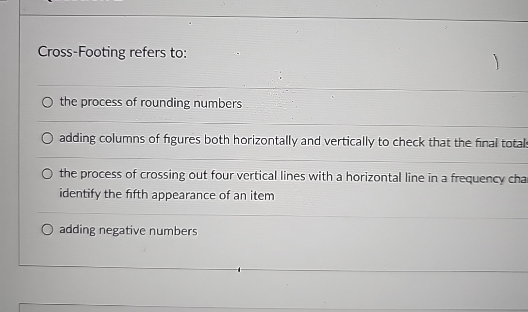 Solved Cross-Footing refers to:the process of rounding | Chegg.com