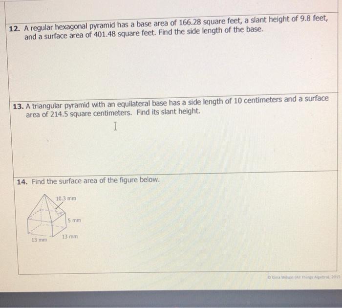Solved 12. A regular hexagonal pyramid has a base area of | Chegg.com
