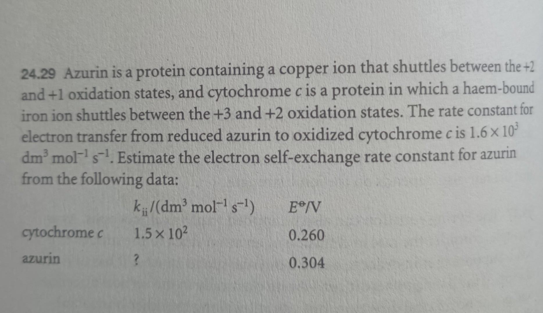 Solved 24.29 Azurin is a protein containing a copper ion | Chegg.com