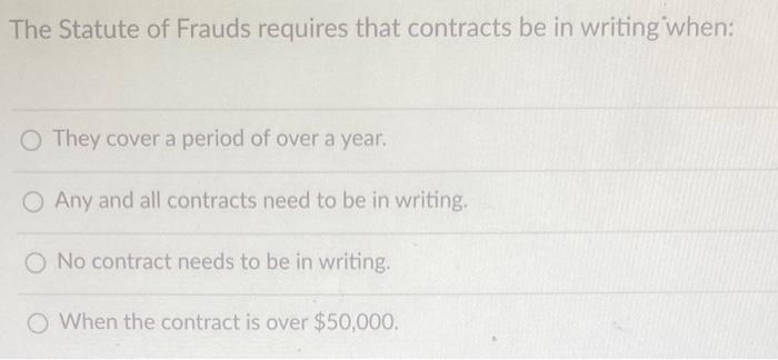 The Statute of Frauds requires that contracts be in | Chegg.com