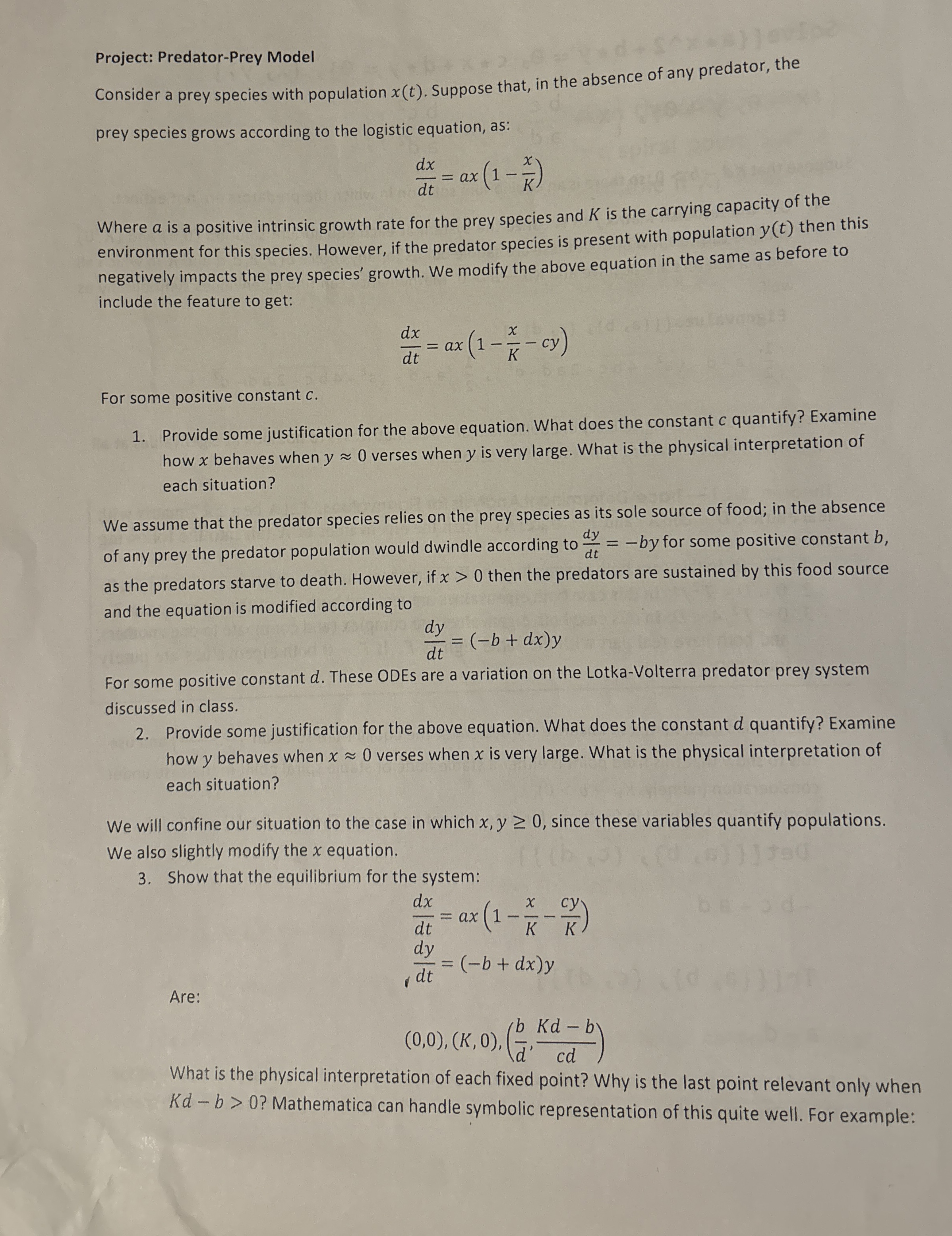 Solved Project: Predator-Prey ModelConsider a prey species | Chegg.com