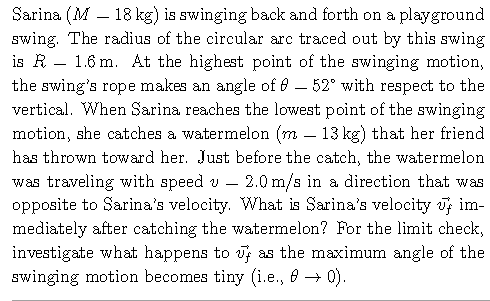 Solved Sarina (M-18kg) ﻿is swinging back and forth on a | Chegg.com