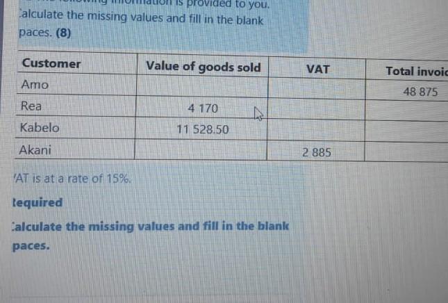 Solved alculate the missing values and fill in the blank | Chegg.com