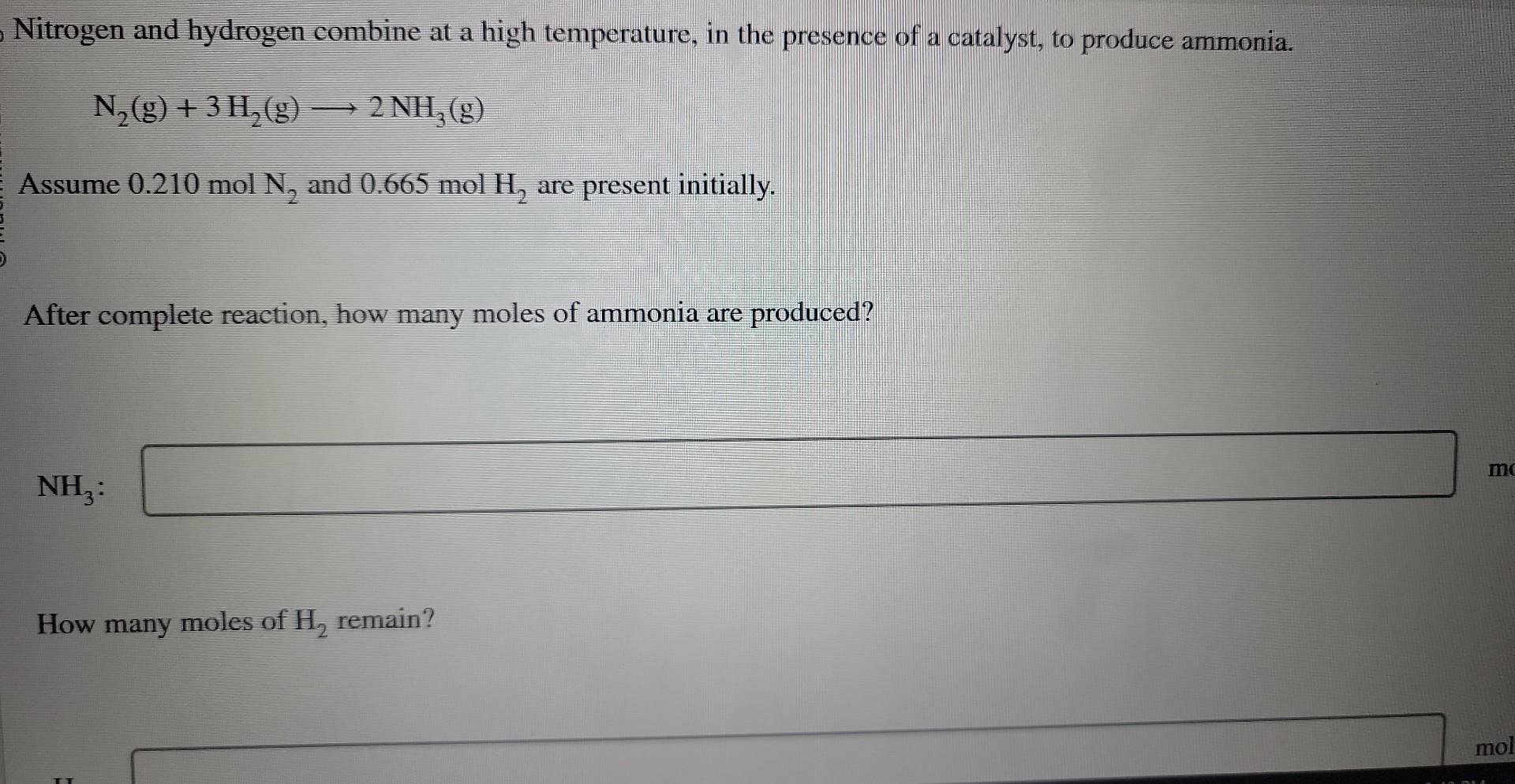 Solved Nitrogen and hydrogen combine at a high temperature, | Chegg.com