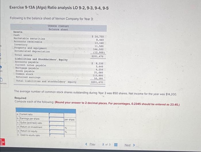Solved Exercise 9-13A (Algo) Ratio analysis LO 9-2, 9-3, | Chegg.com