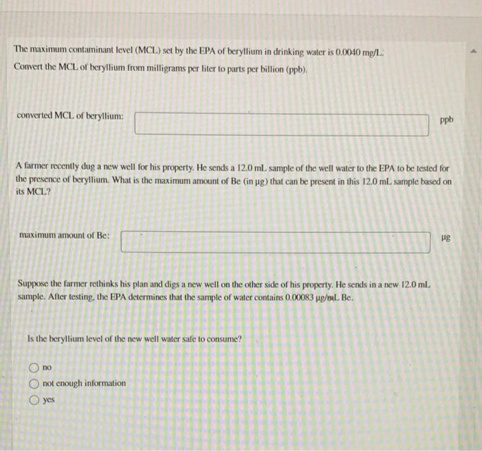 Solved The maximum contaminant level (MCL) set by the EPA of | Chegg.com